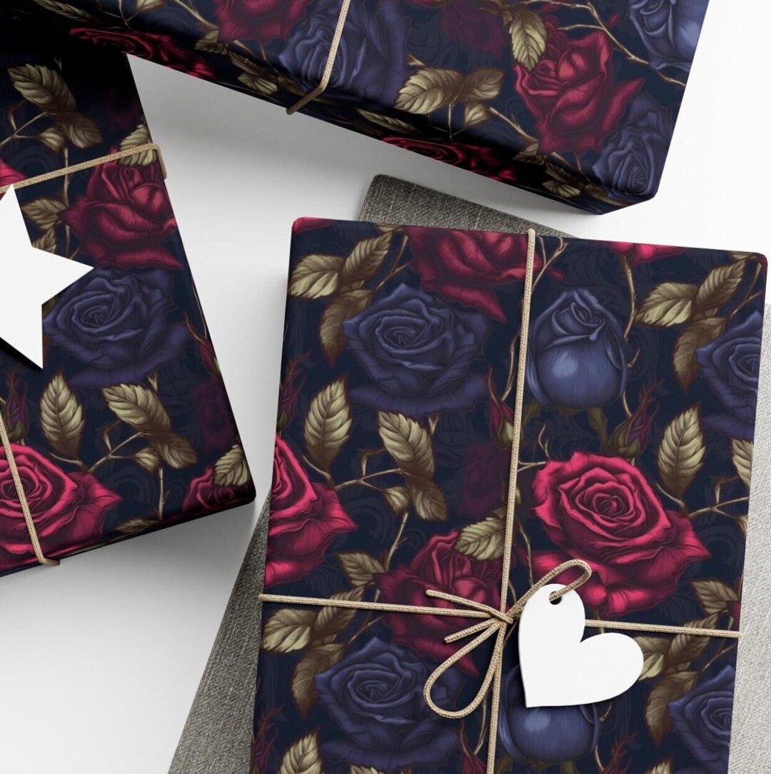 Mystical Roses Wrapping Paper, Roses With Gold Leaf Design, Dark ...