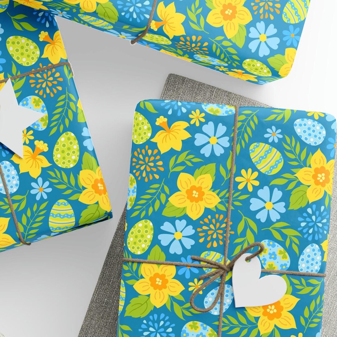 Easter Wrapping Paper, Spring Flowers & Easter Eggs Design, Floral ...