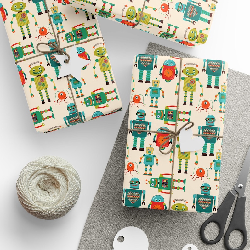Robots Wrapping Paper, Cute Children's Gift Wrap, Retro Aesthetic ...