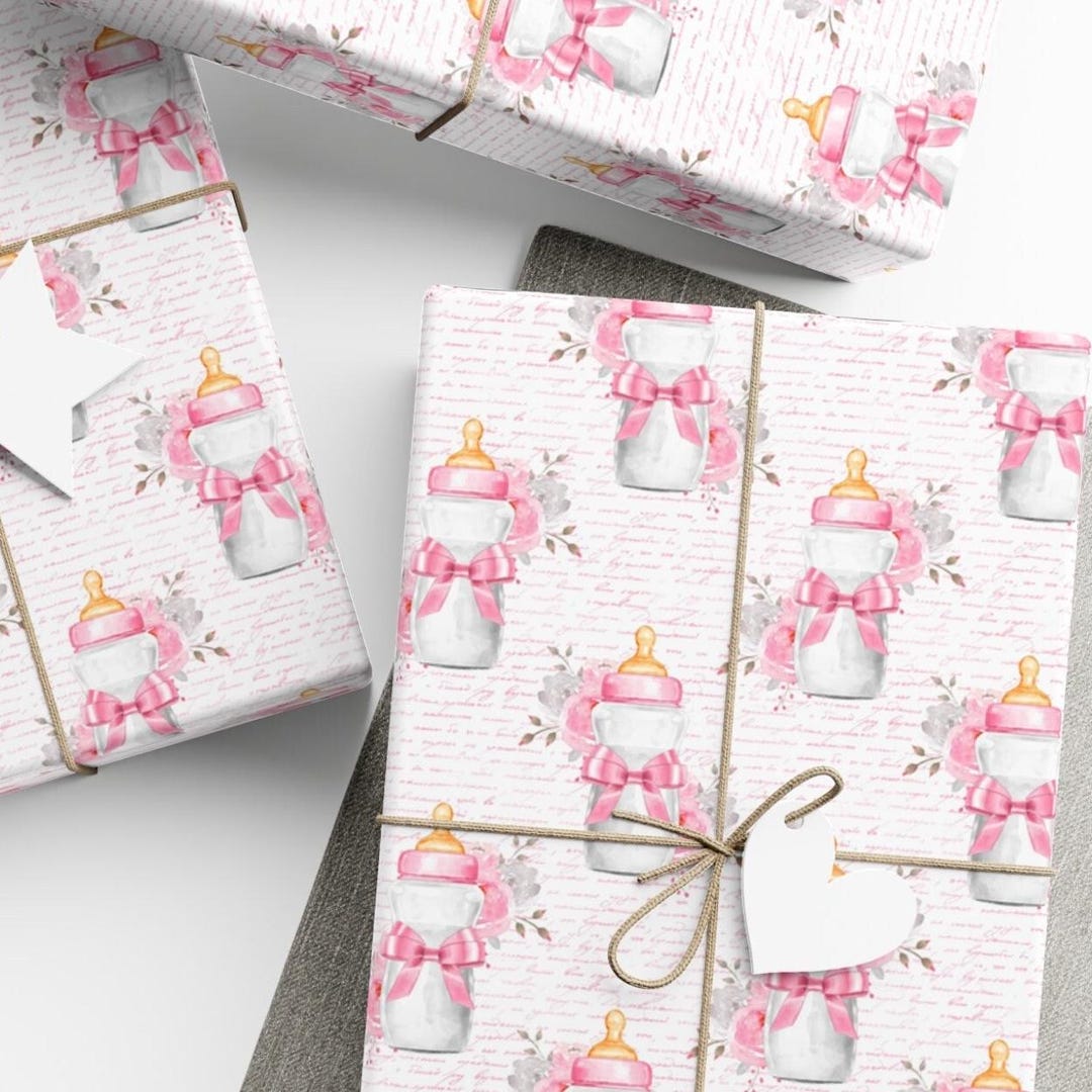Baby Girl Wrapping Paper, Baby Girl Gift Wrap, Pink Baby Bottles Design ...