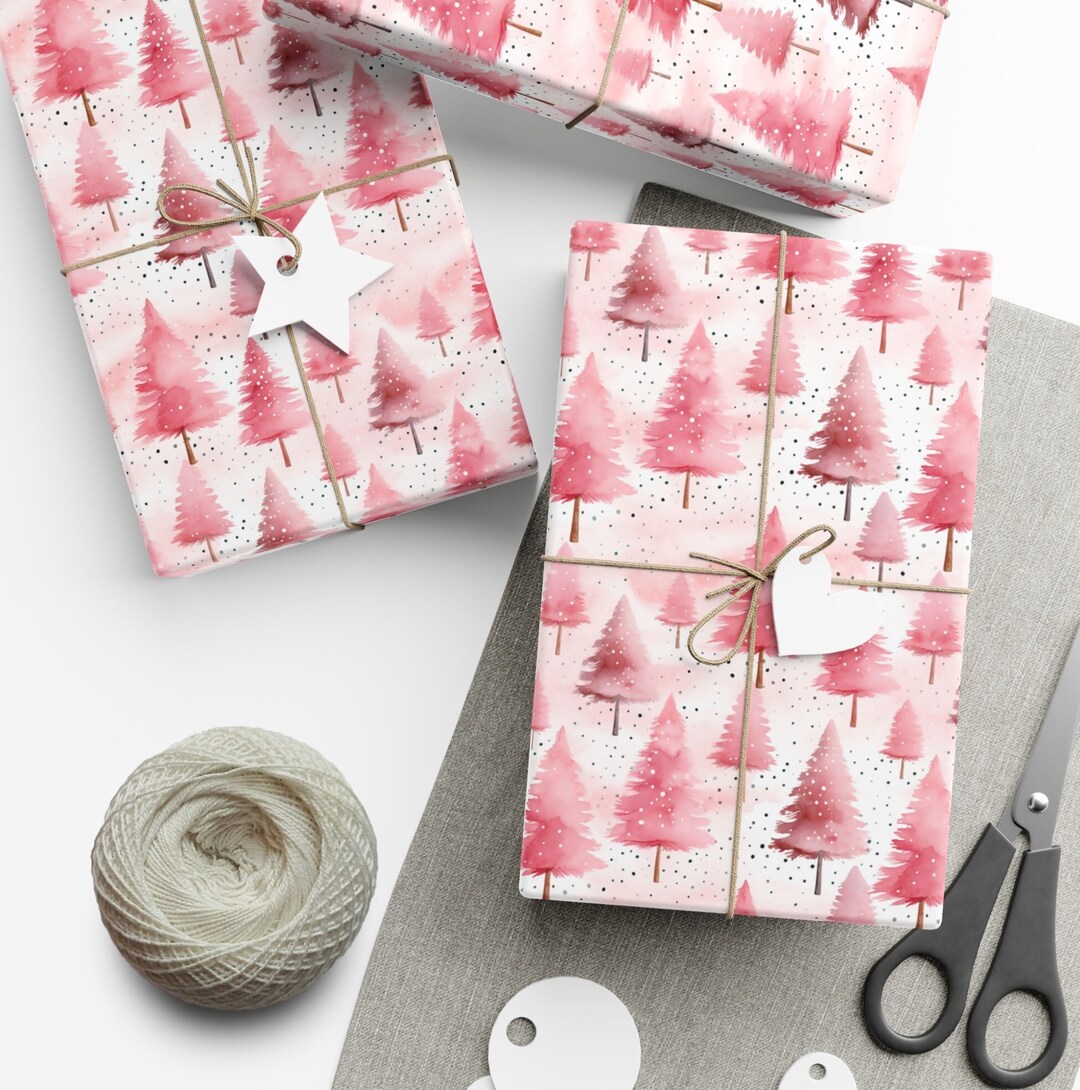 Pink Christmas Trees Wrapping Paper, Pastel Christmas Gift Wrap ...
