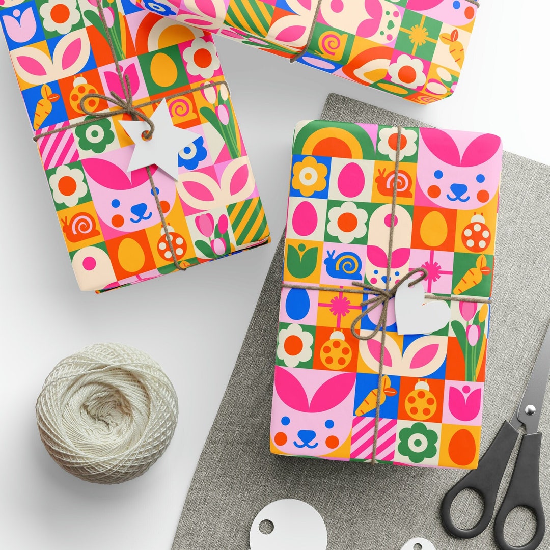 Easter Wrapping Paper, Easter Gift Wrap, Colorful Collage Design, Bunny ...