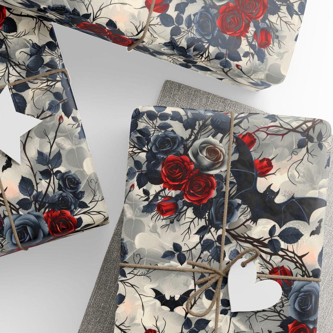 Bats & Roses Wrapping Paper, Gothic Black and Red Roses With Bats ...