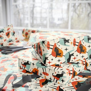 Retro Cats Gift Wrap, Cat Lover Wrapping Paper, Retro Aesthetic, Black ...
