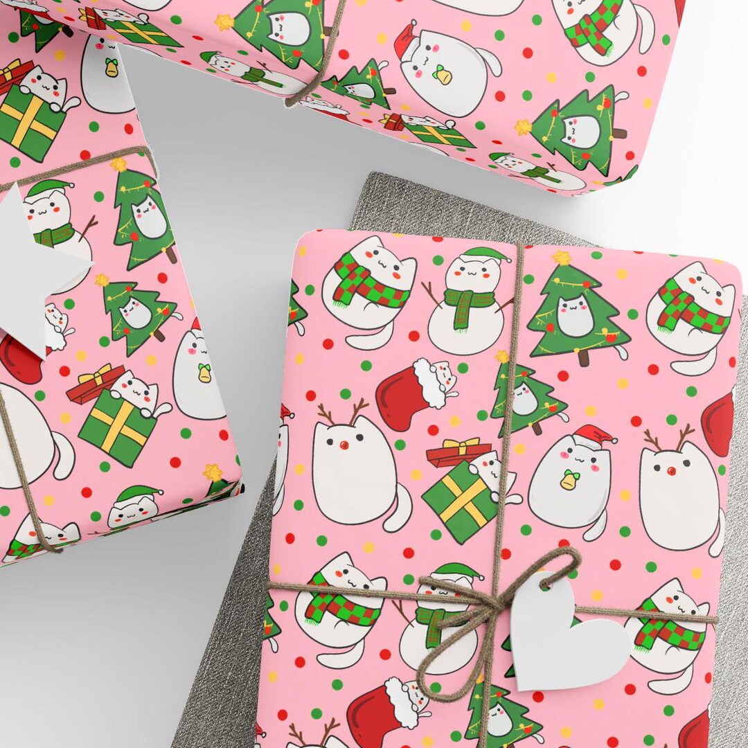 Christmas Cats Wrapping Paper, Pink Christmas Gift Wrap, Cute Holiday ...
