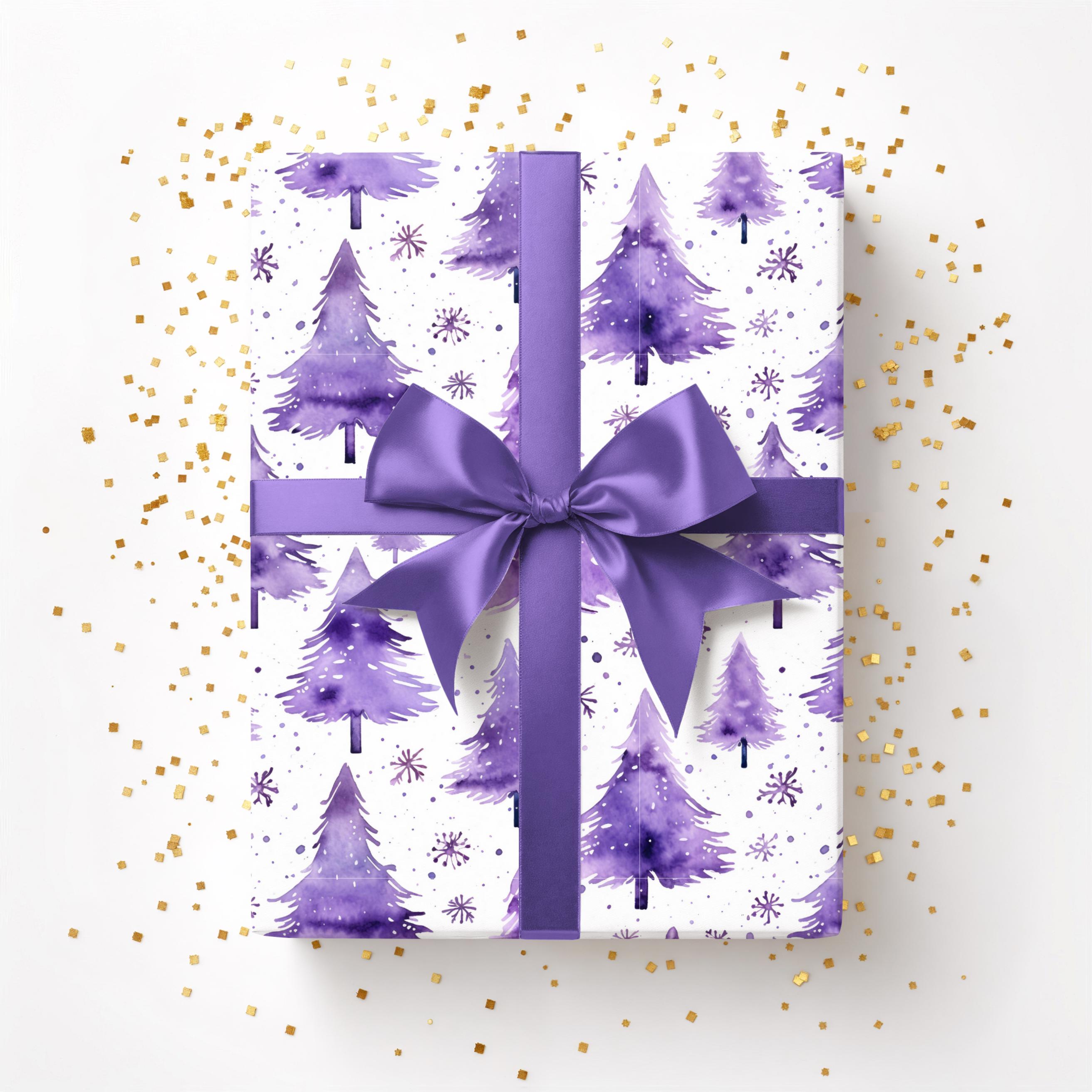 Purple Christmas Wrapping Paper, Purple Watercolor Christmas Trees ...