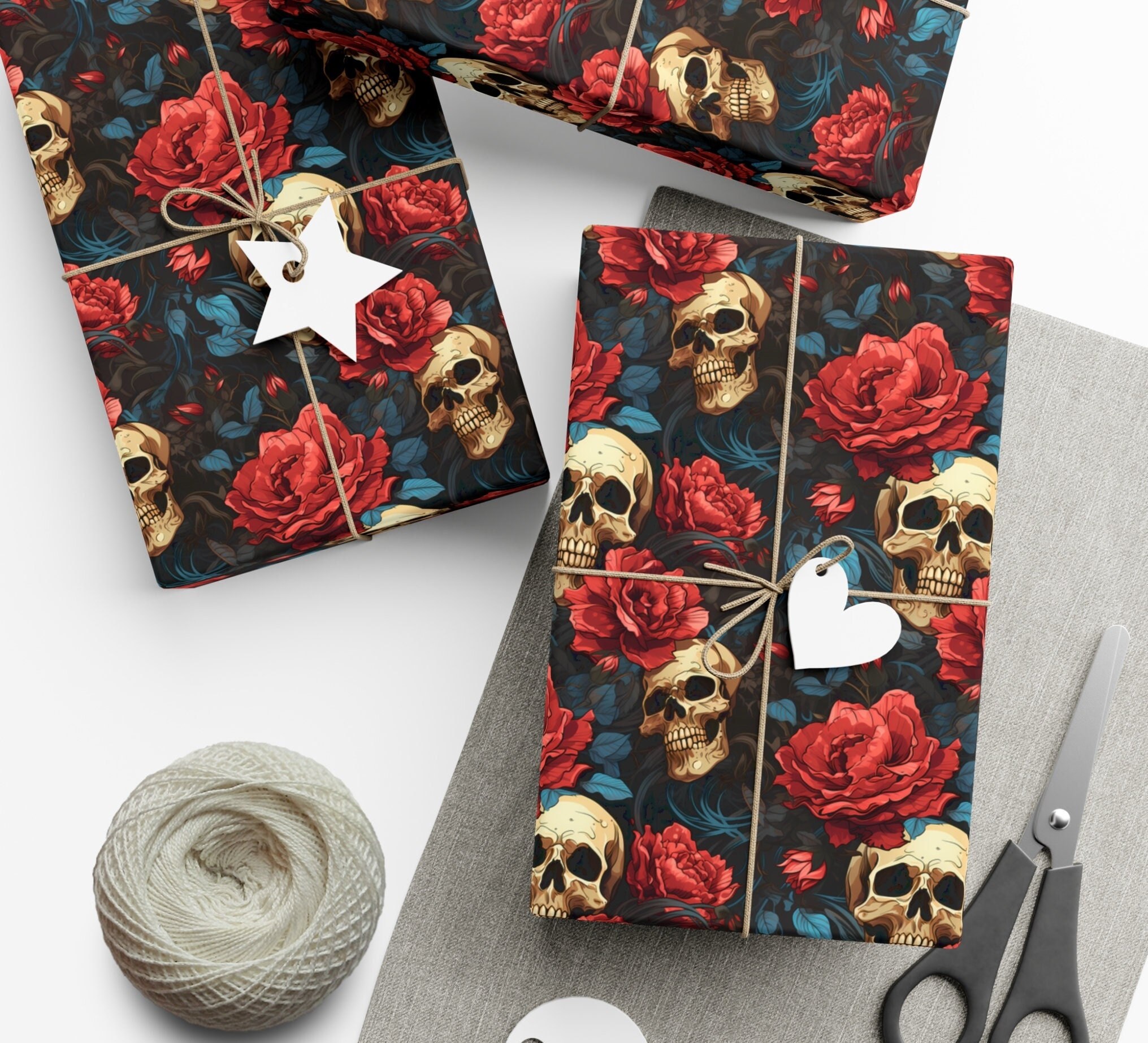 Skulls and Roses Gift Wrap, Goth Wrapping Paper, Dark Academia, Grunge ...