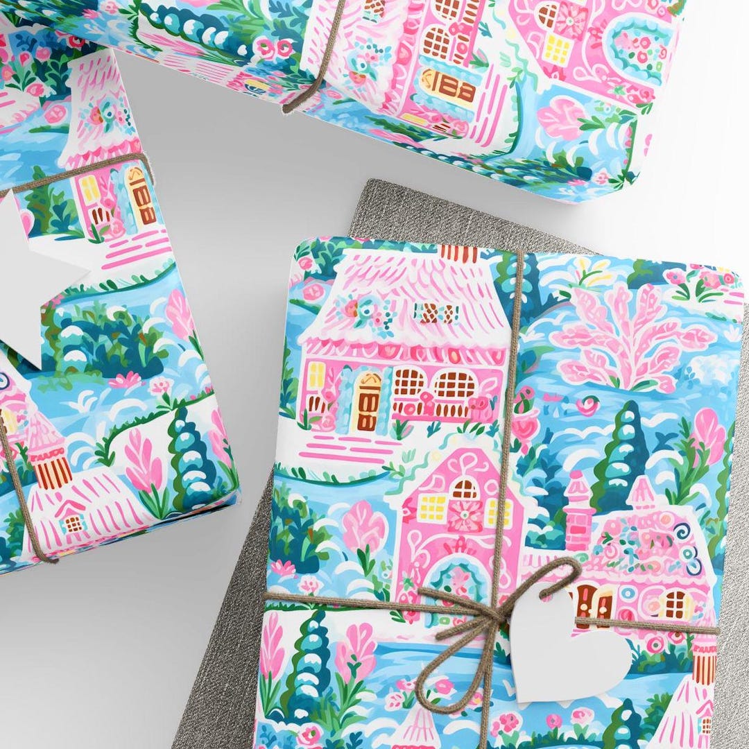 Pink Village Scene Gift Wrap, Pink Christmas Wrapping Paper, Pink ...