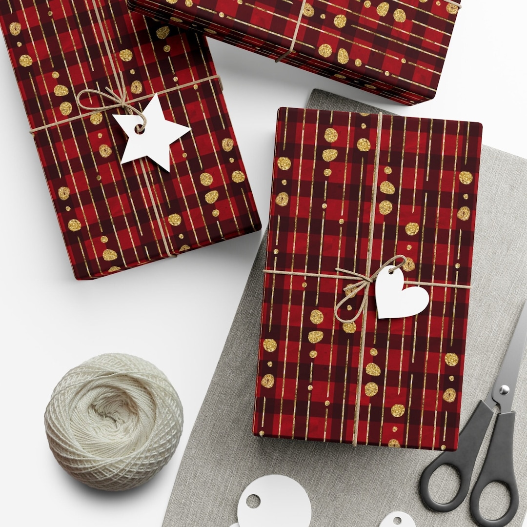 Christmas Gift Wrap With Red Plaid & Gold, Christmas Wrapping Paper ...
