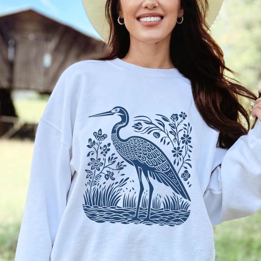 Bird Sweatshirt Heron Shirt Bird Shirt Folk Art Sweatshirt Blue Heron ...
