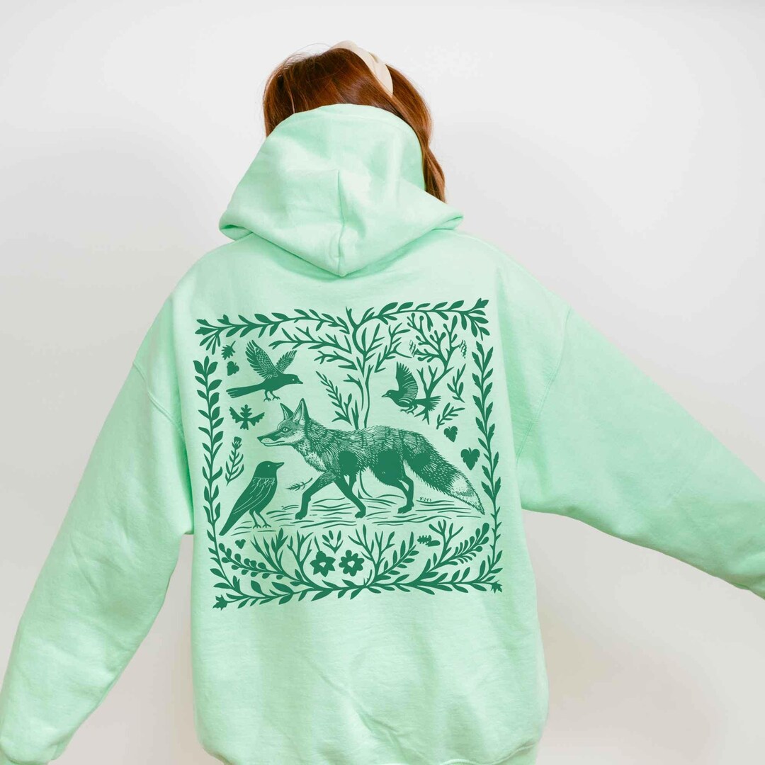 Fox Art Hoodie - Light Green Forestcore Sweatshirt - Etsy