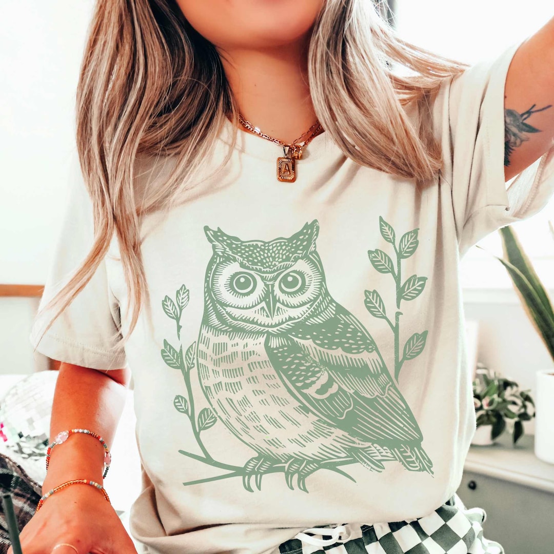 Owl Shirt Linocut Owl Shirt Owl Shirt Women Cottagecore Shirt Owl Lover ...