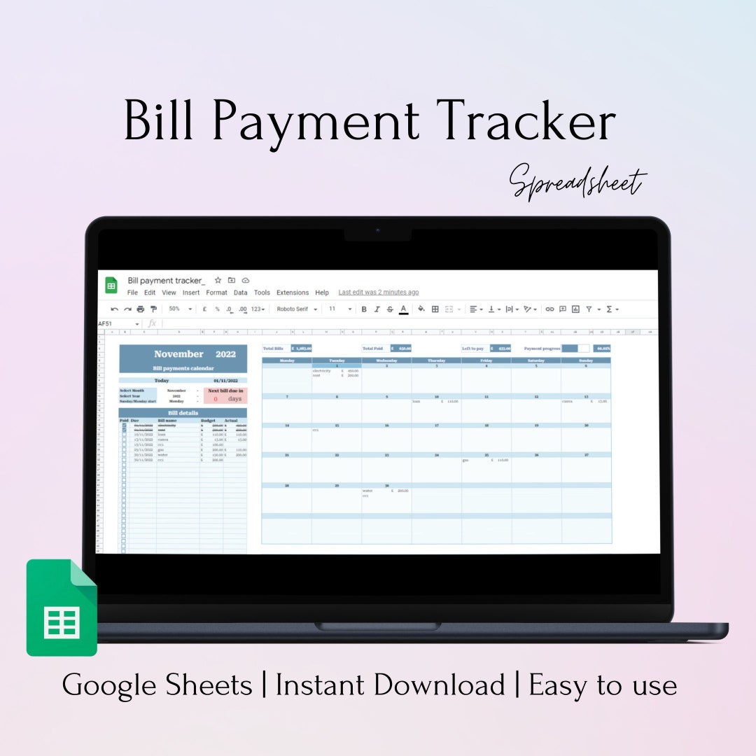 Bill Payment Tracker Spreadsheet Google Sheets Bill Calendar - Etsy