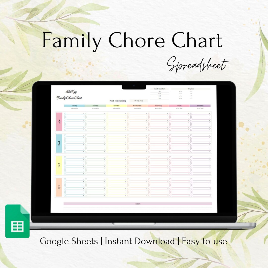 Colourful Family Chore Chart Google Sheets, Printable Family Planner ...