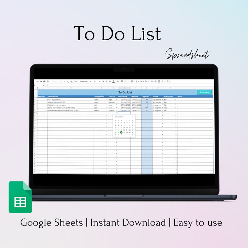 To Do List Spreadsheet Google Sheets Task Tracker Task - Etsy