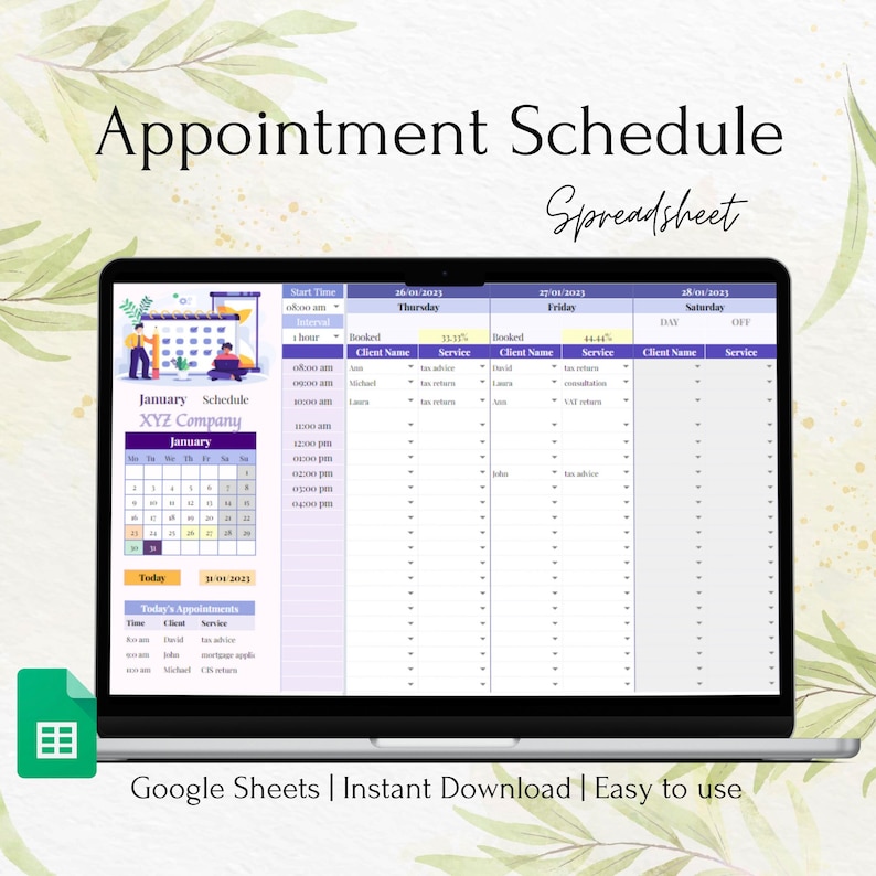 Appointment Tracker Google Sheets, Events Calendar, Meetings Schedule, Client Booking Planner ...
