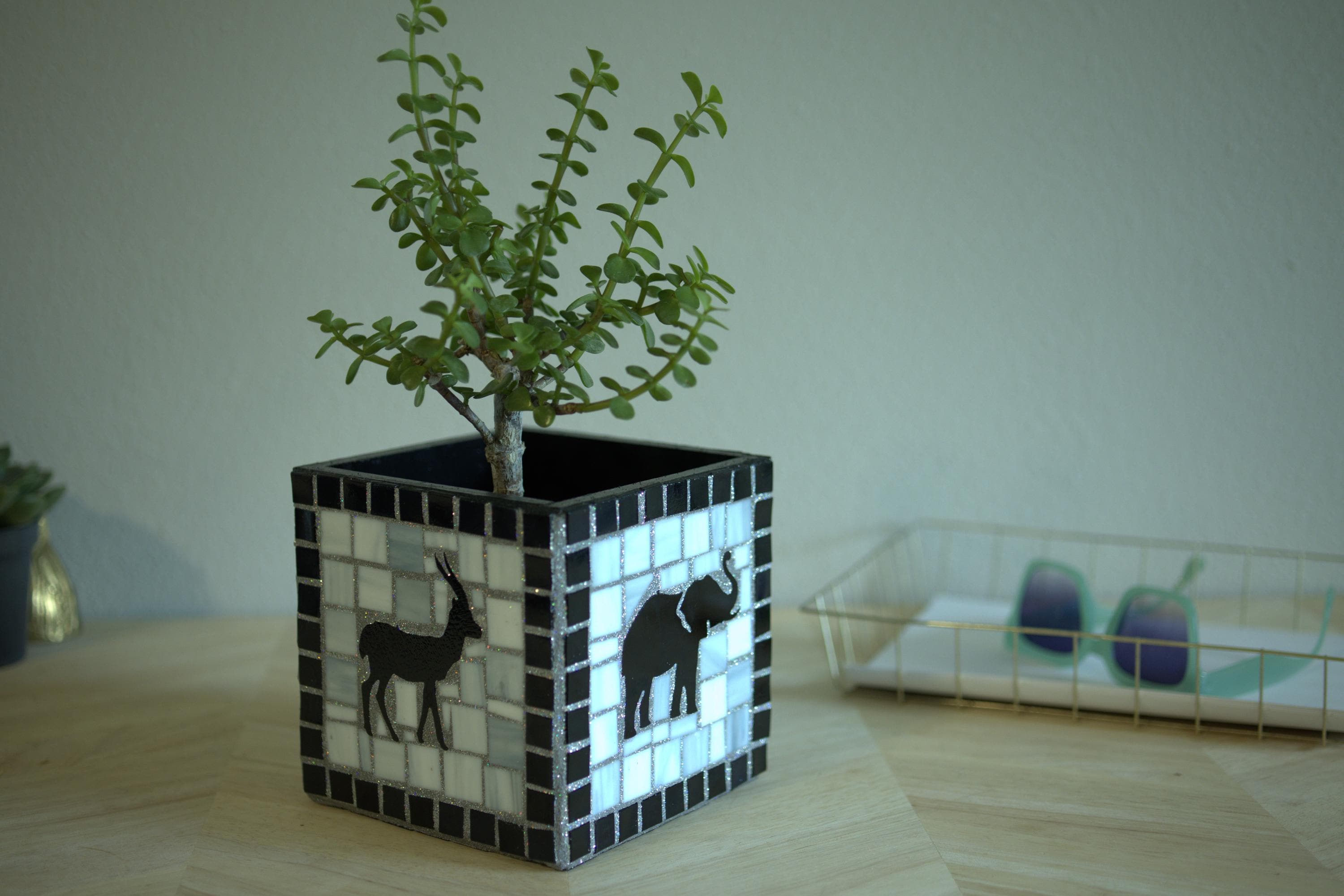Light Grey Marble Mosaic Tile Planter Box 6" Square, Home Decor (plant ...