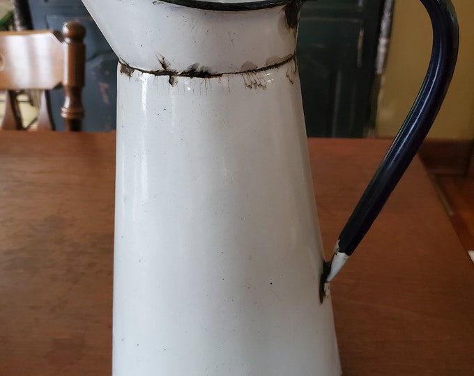 Vintage Large White Enameled Metal Pitcher - Etsy