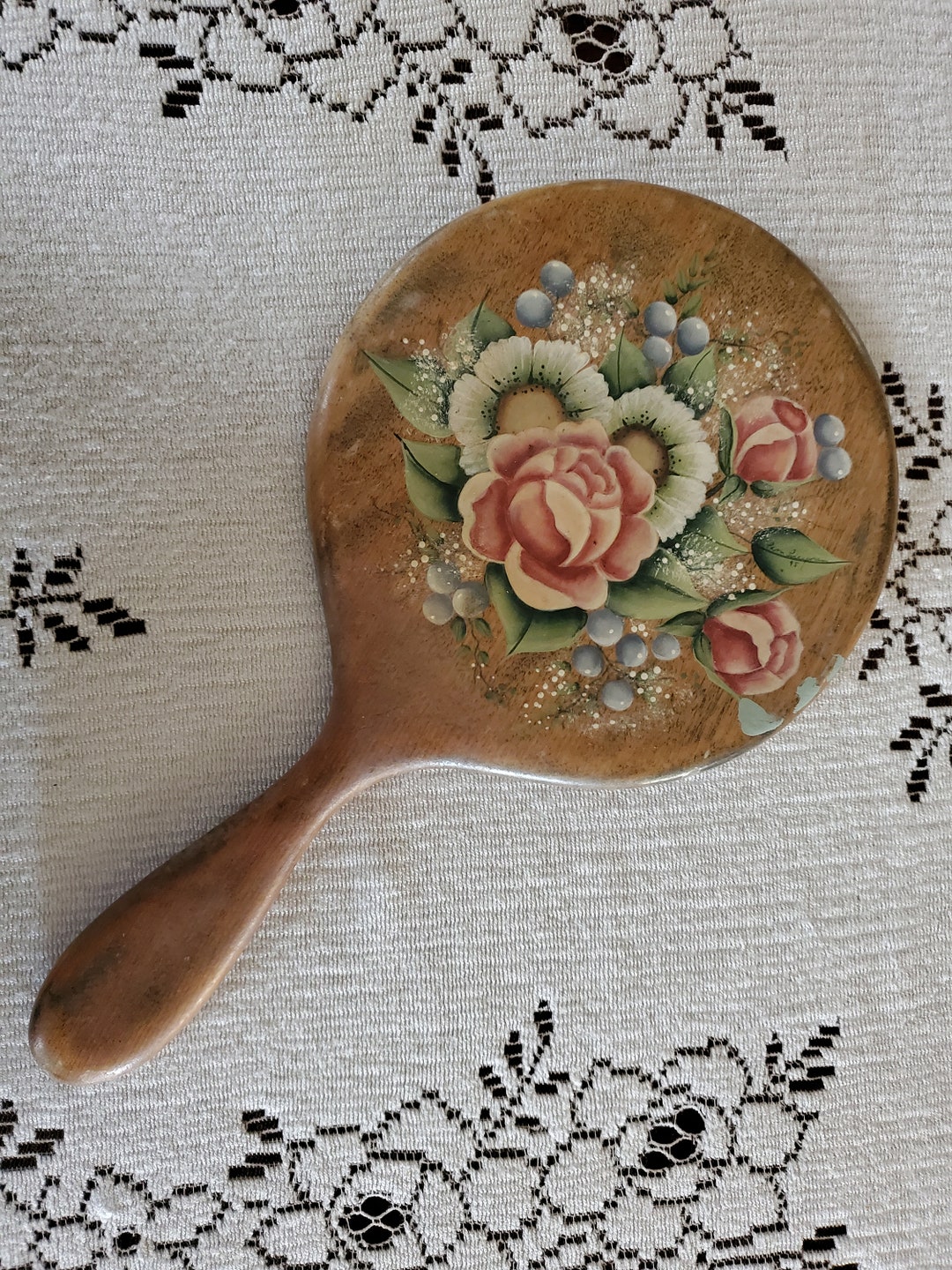 Vintage Wooden Round Hand Mirror Beveled Hand Painted Signed Pam ...