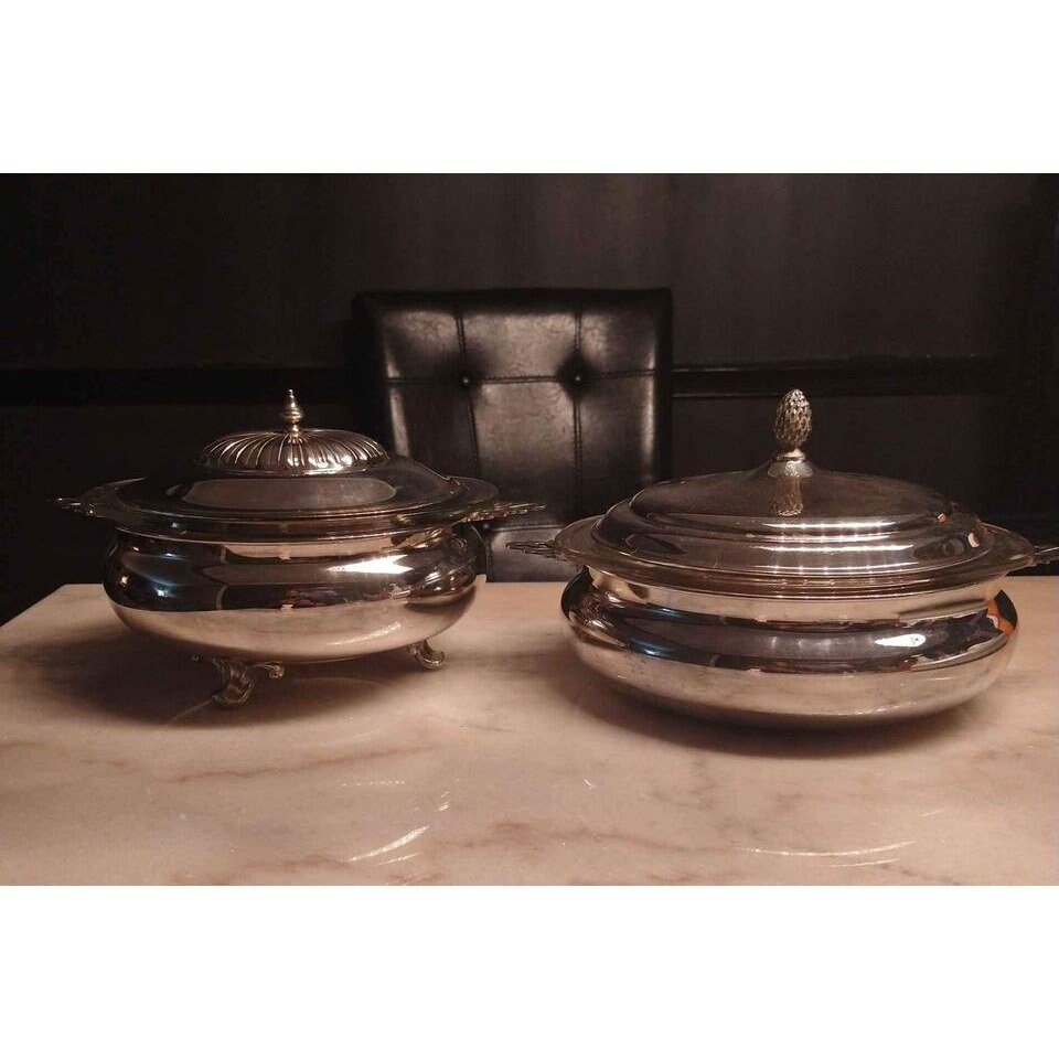 2 Silver Serving Bowls W/ Pyrex Glass Insert Casserole Dish Holder ...