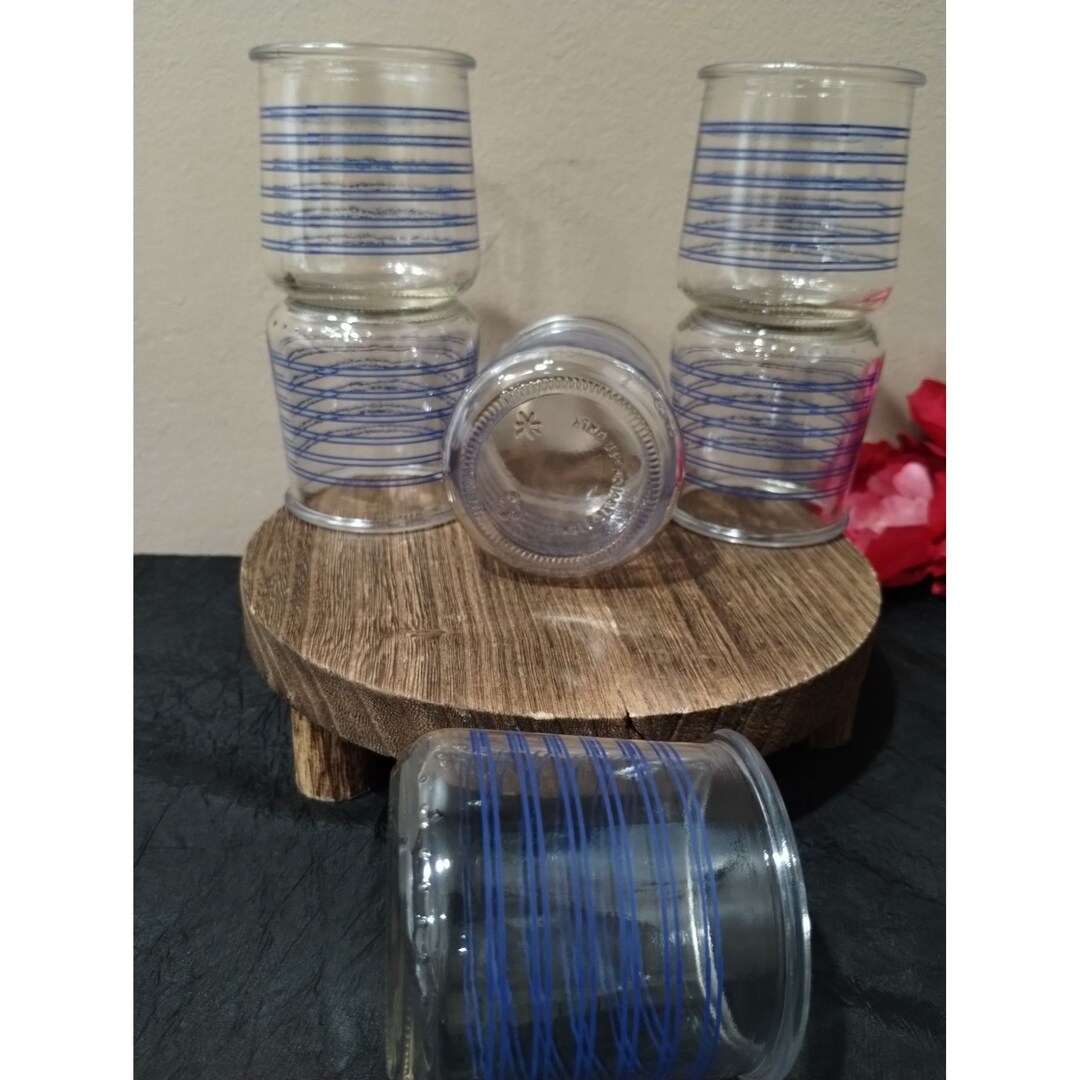 6 Piece Vintage Qui Yogurt Jars Clear Glass With Blue Stripes - Etsy
