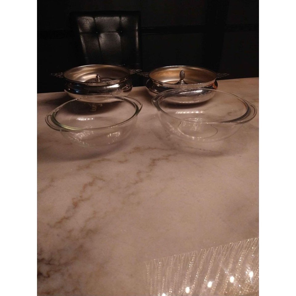 2 Silver Serving Bowls W/ Pyrex Glass Insert Casserole Dish Holder ...