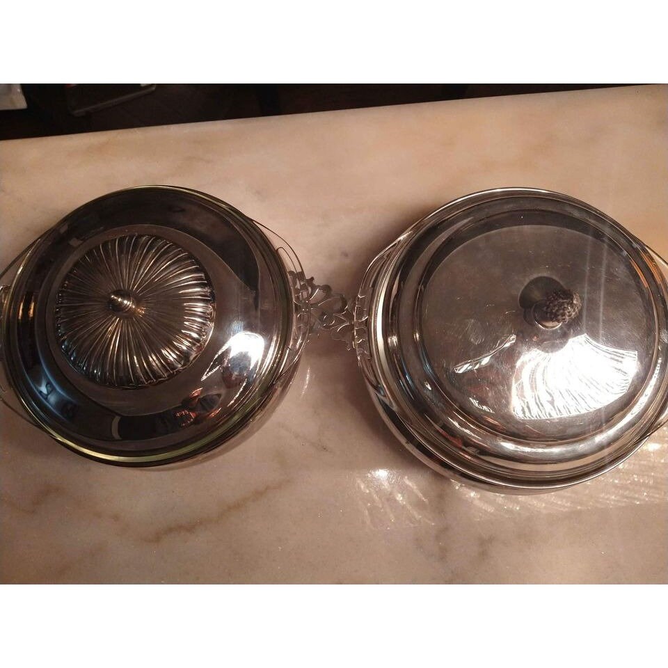 2 Silver Serving Bowls W/ Pyrex Glass Insert Casserole Dish Holder ...