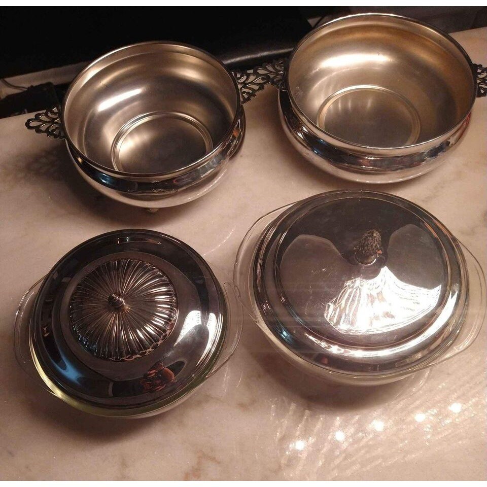 2 Silver Serving Bowls W/ Pyrex Glass Insert Casserole Dish Holder ...