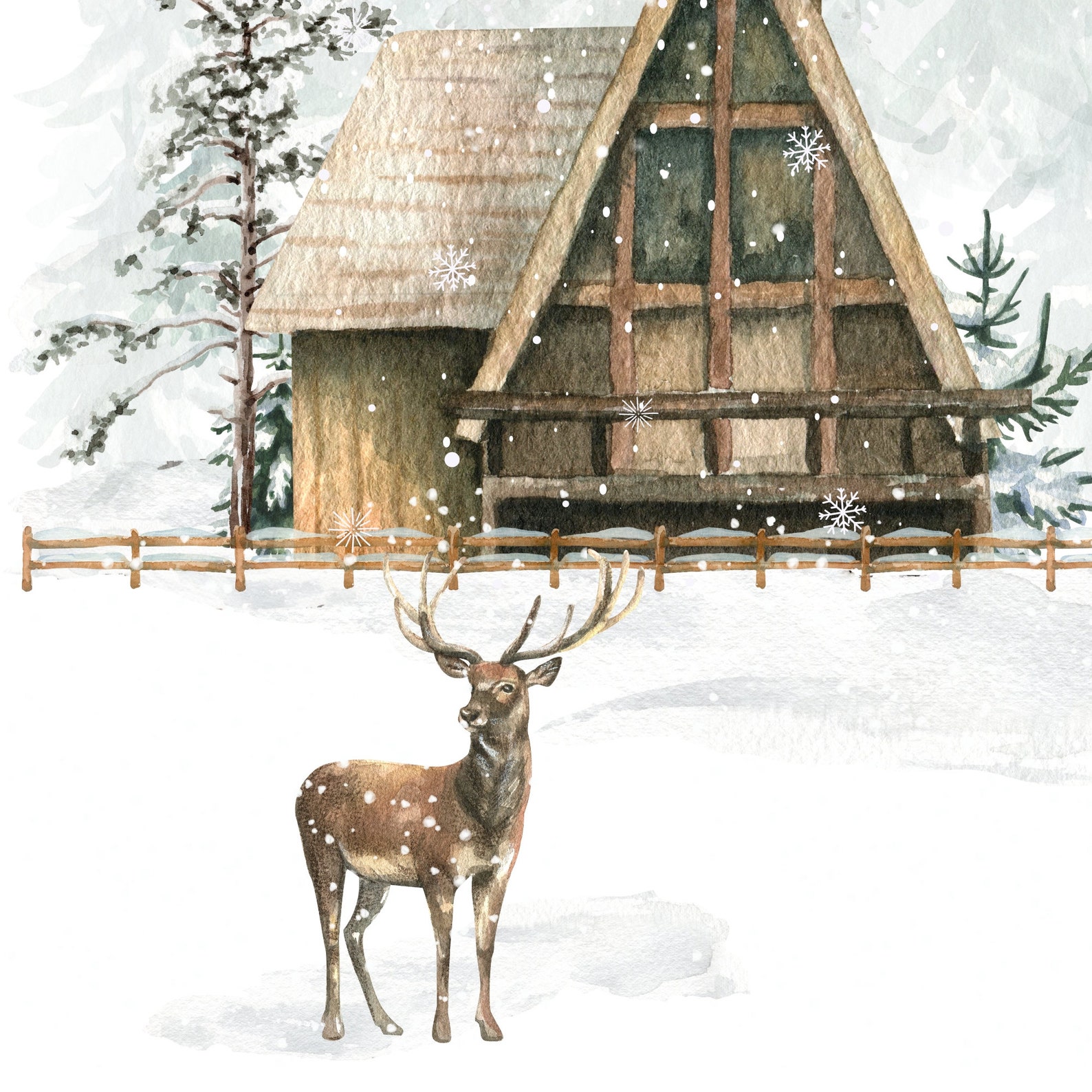 Woodland Winter Cabin Buck Print | Digital Art | Evergreen Tree Print ...