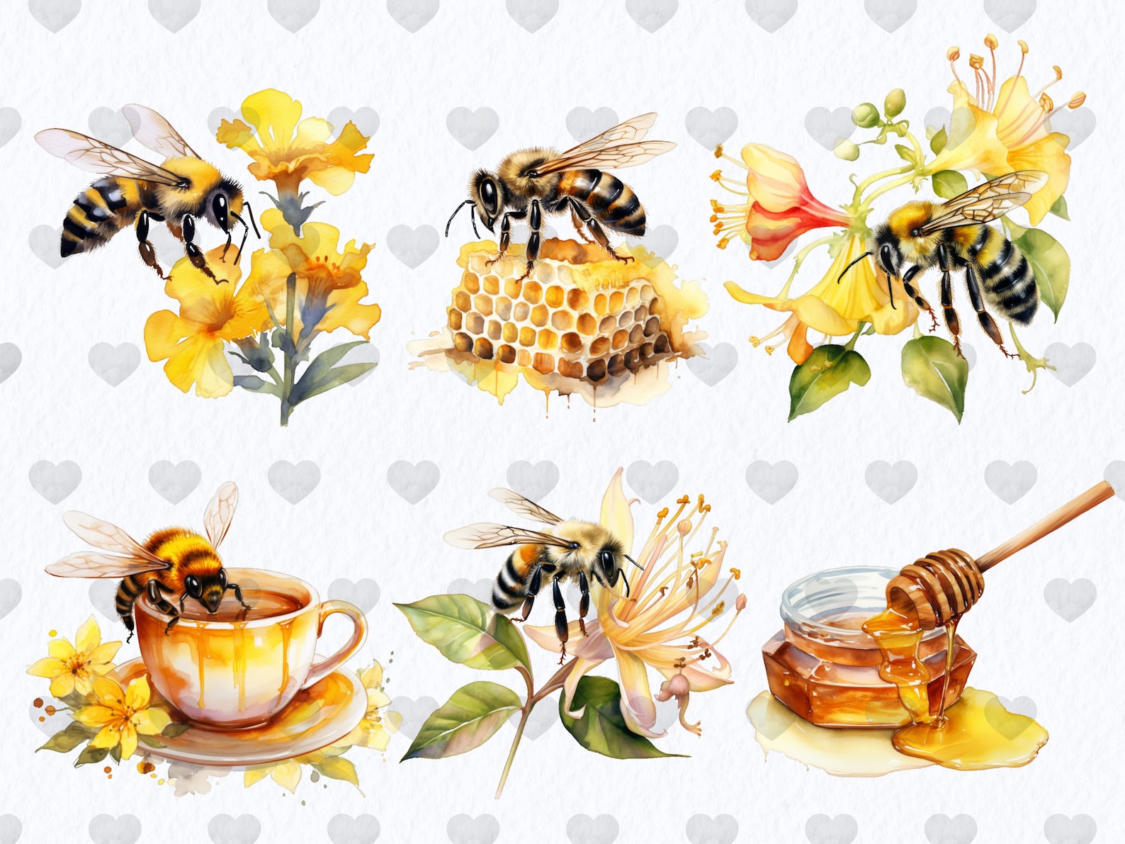 Watercolor Honey Bee Clipart Bundle: Floral PNG Graphics (digital ...