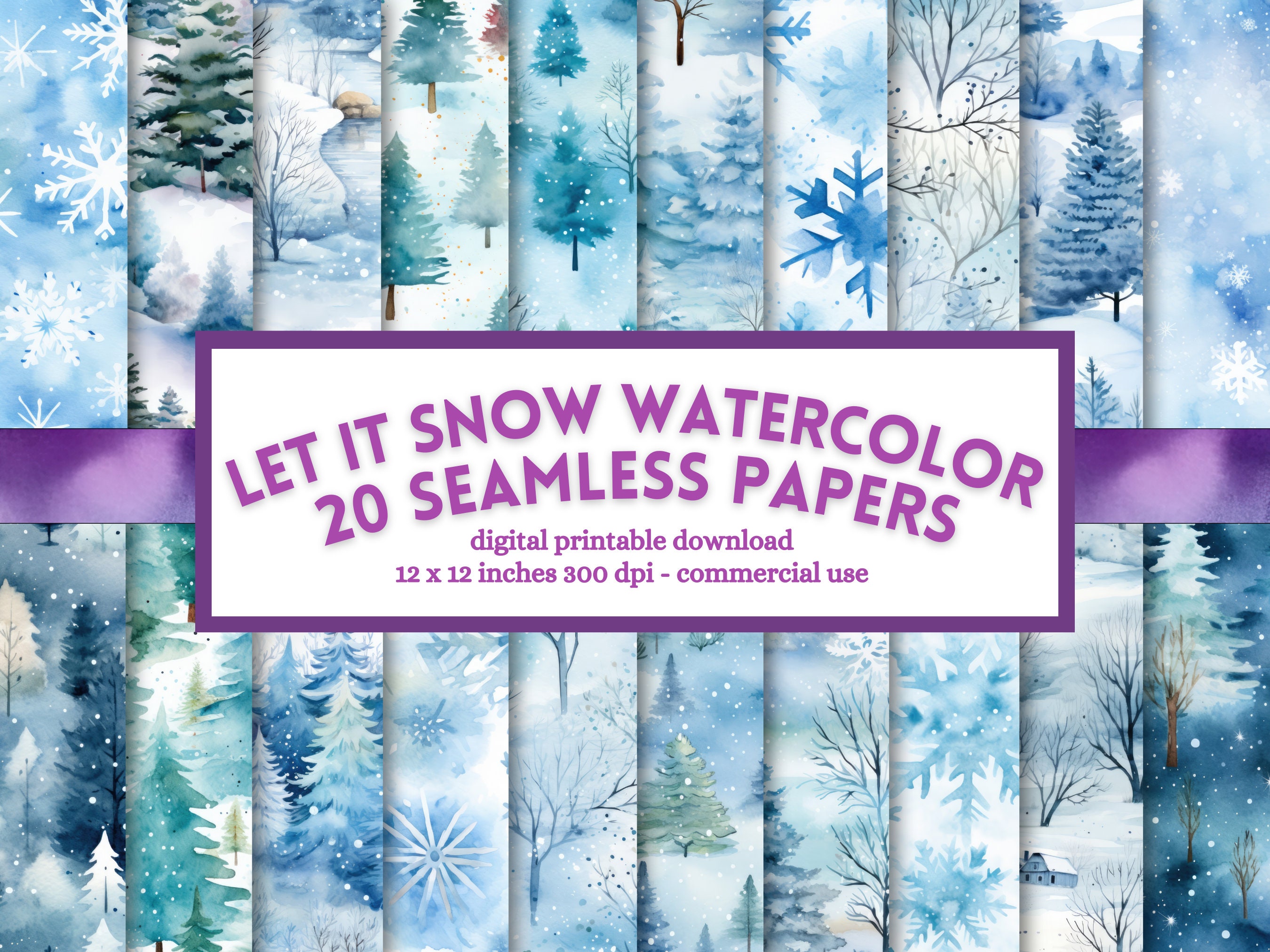 Let It Snow Digital Paper, Watercolor Painting, Seamless Design ...