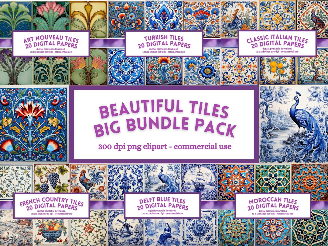 Beautiful Tiles Digital Paper Big Bundle Pack, Printable Scrapbook Junk Journal Pages, Instant ...
