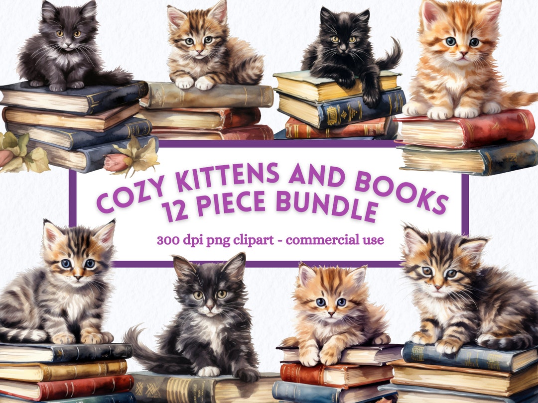 Watercolor Cozy Cats and Books PNG Clipart Bundle, Clip Art, Junk ...