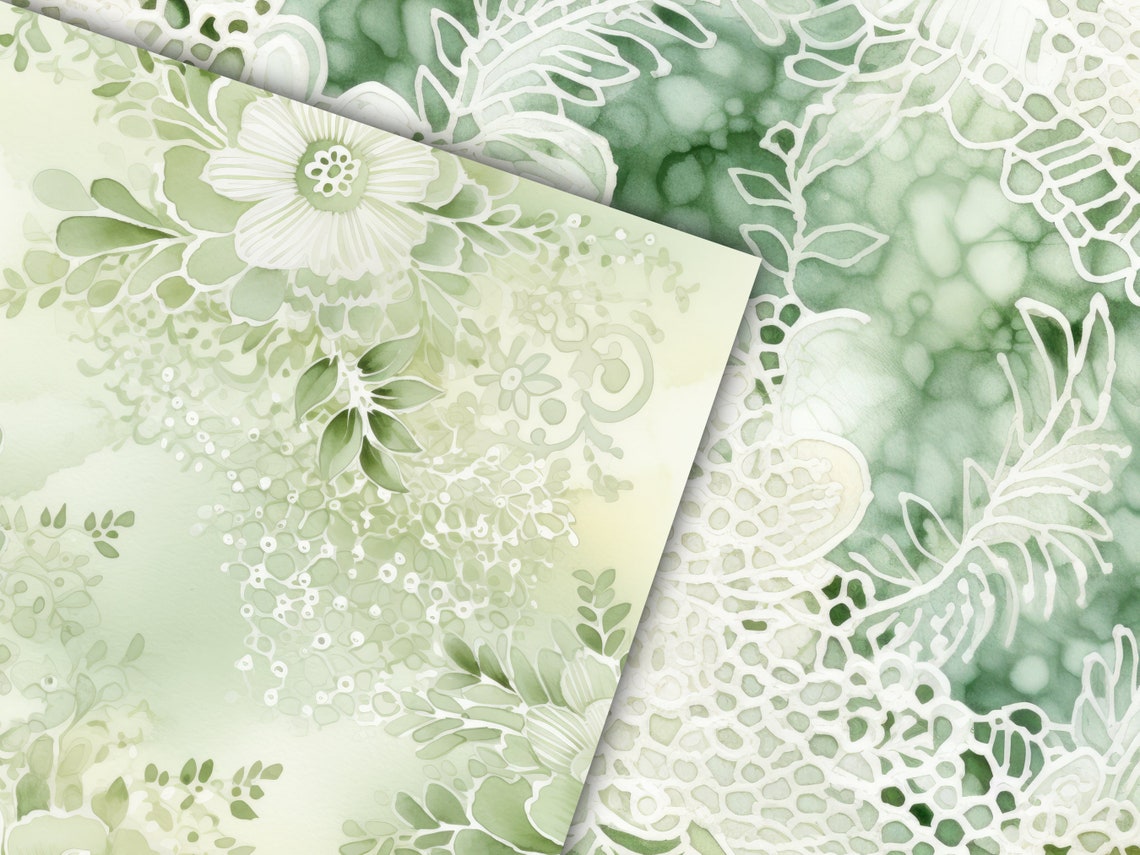 Sage Green Digital Paper, Watercolor Lace, Floral Seamless Pattern ...