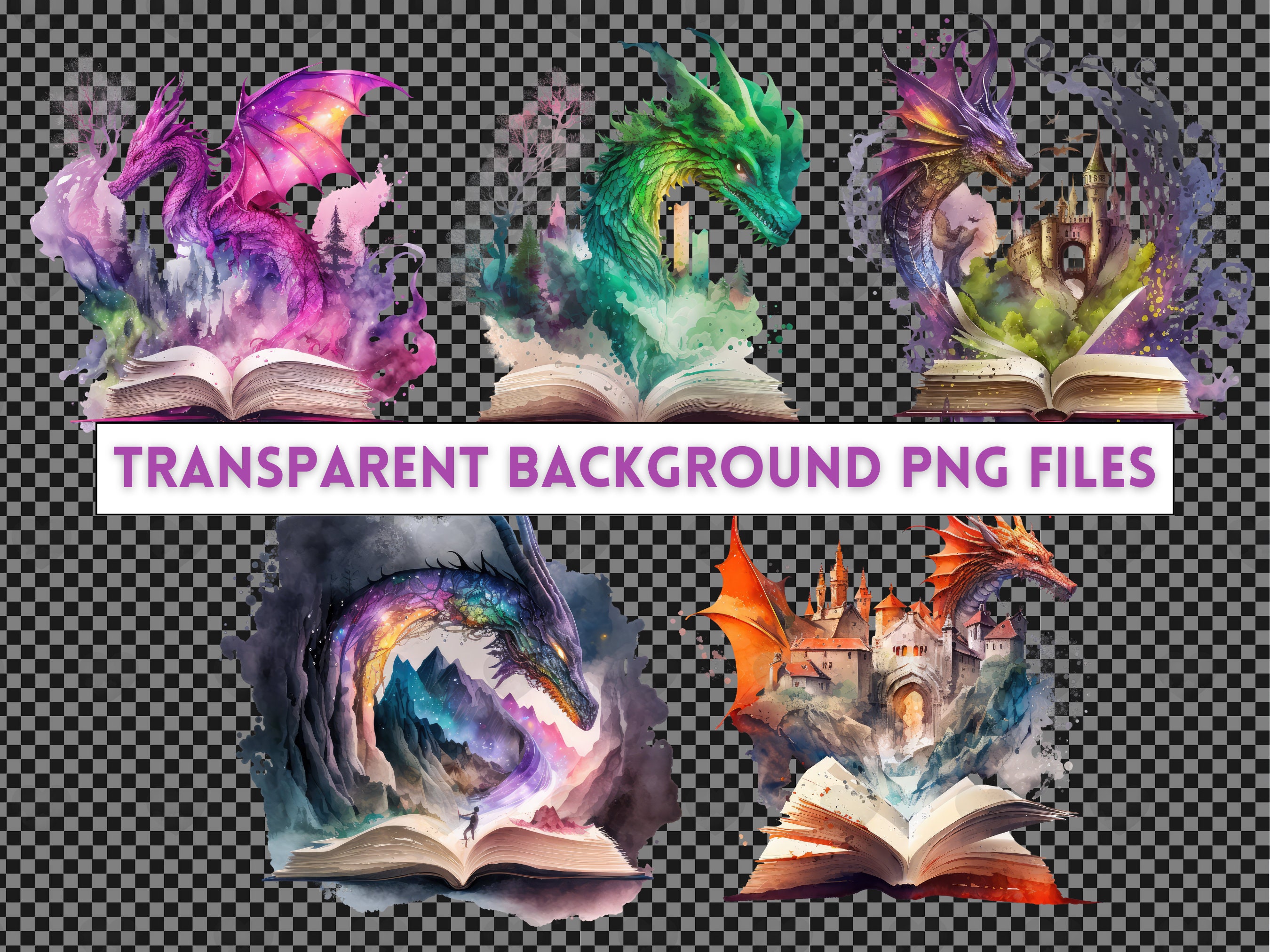 Watercolor Fantasy Dragon Clipart: PNG Bundle for Scrapbooking (digital ...