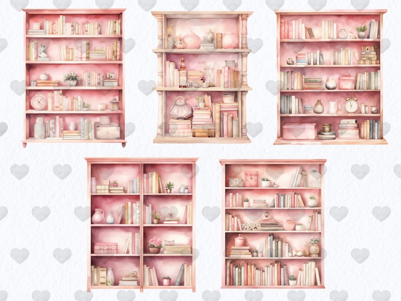 Watercolor Pink Bookshelf Clipart Bundle: Scrapbook PNG (digital ...