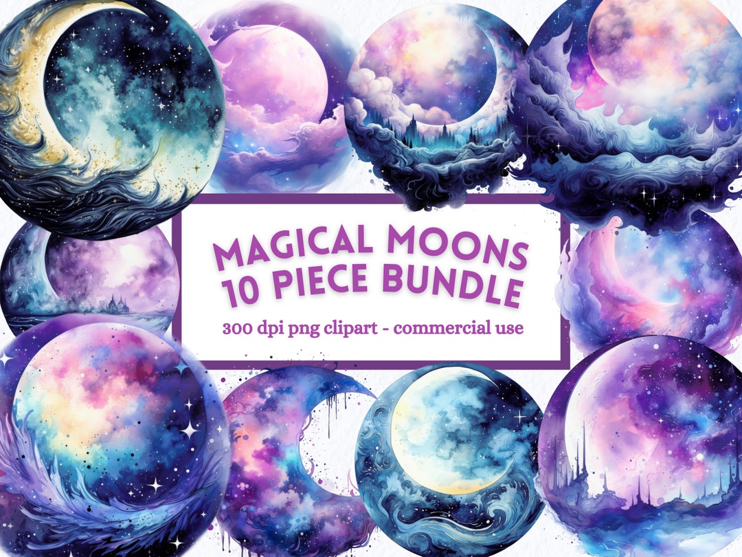 Magical Moons Watercolor Clipart: Witch Fantasy PNG Bundle (digital ...