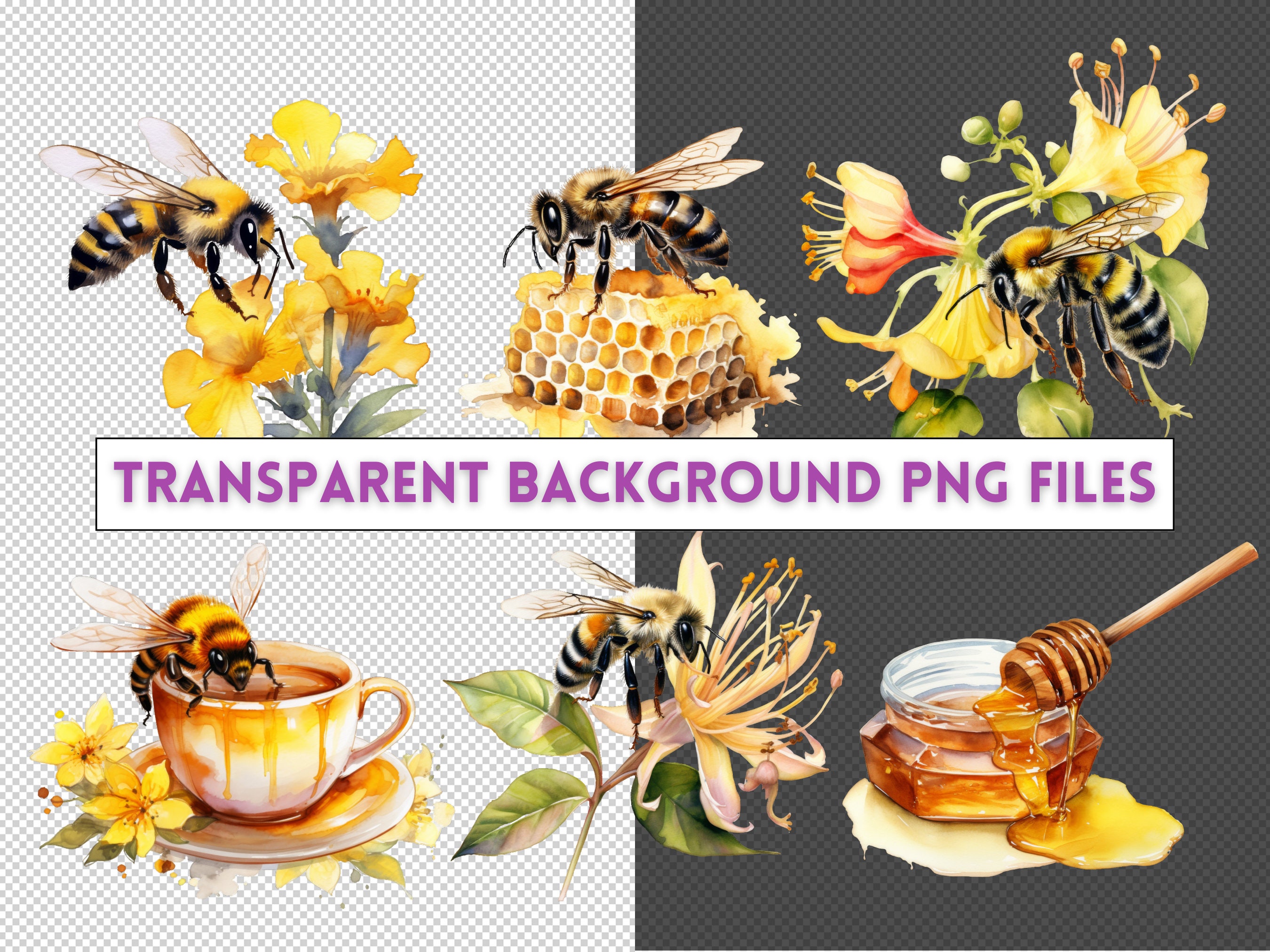 Watercolor Honey Bee PNG Clipart Bundle, Bumble Bee Clip Art, Junk ...