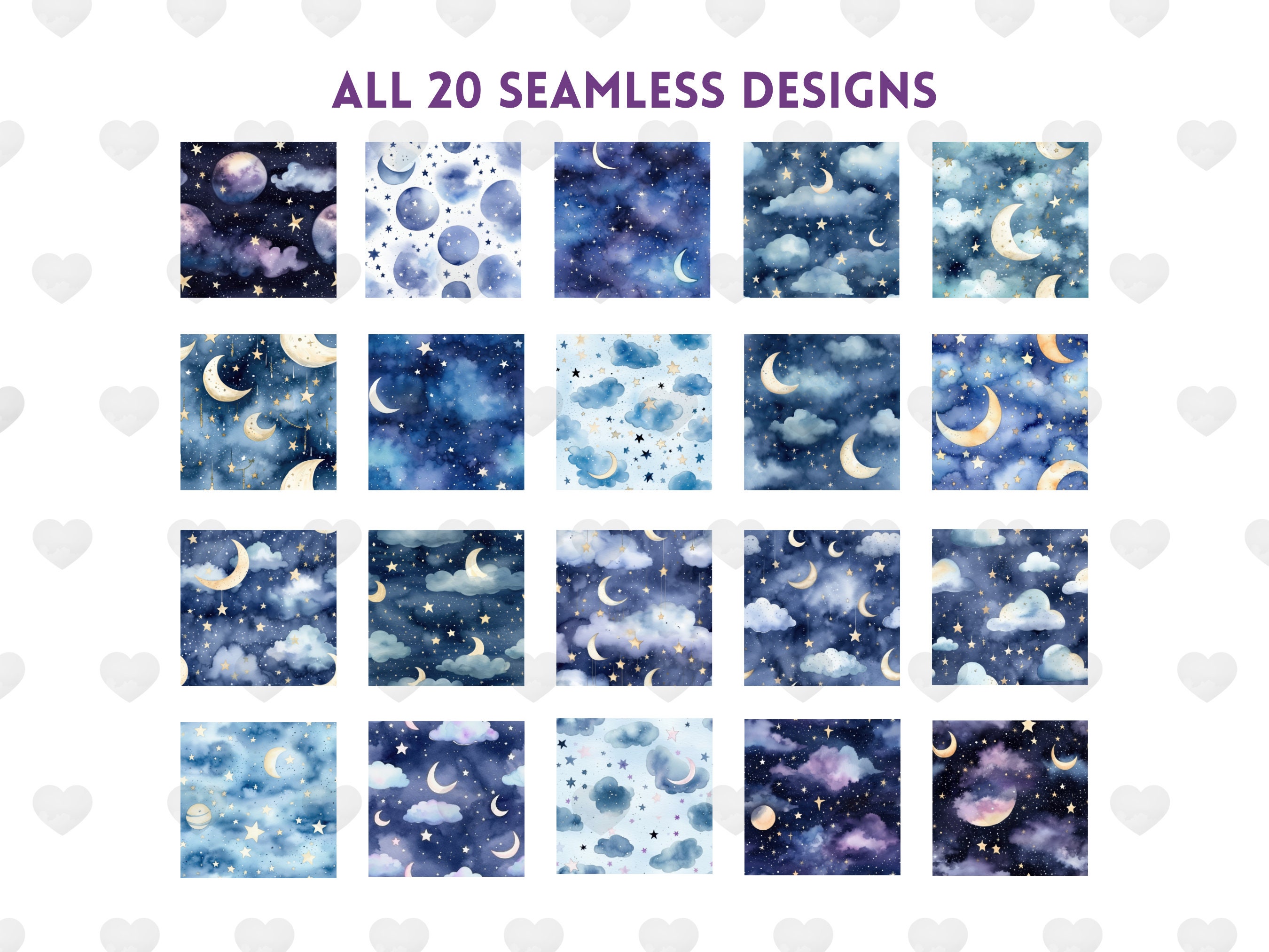 Watercolor Moon and Stars Digital Paper, Clouds Seamless Pattern ...