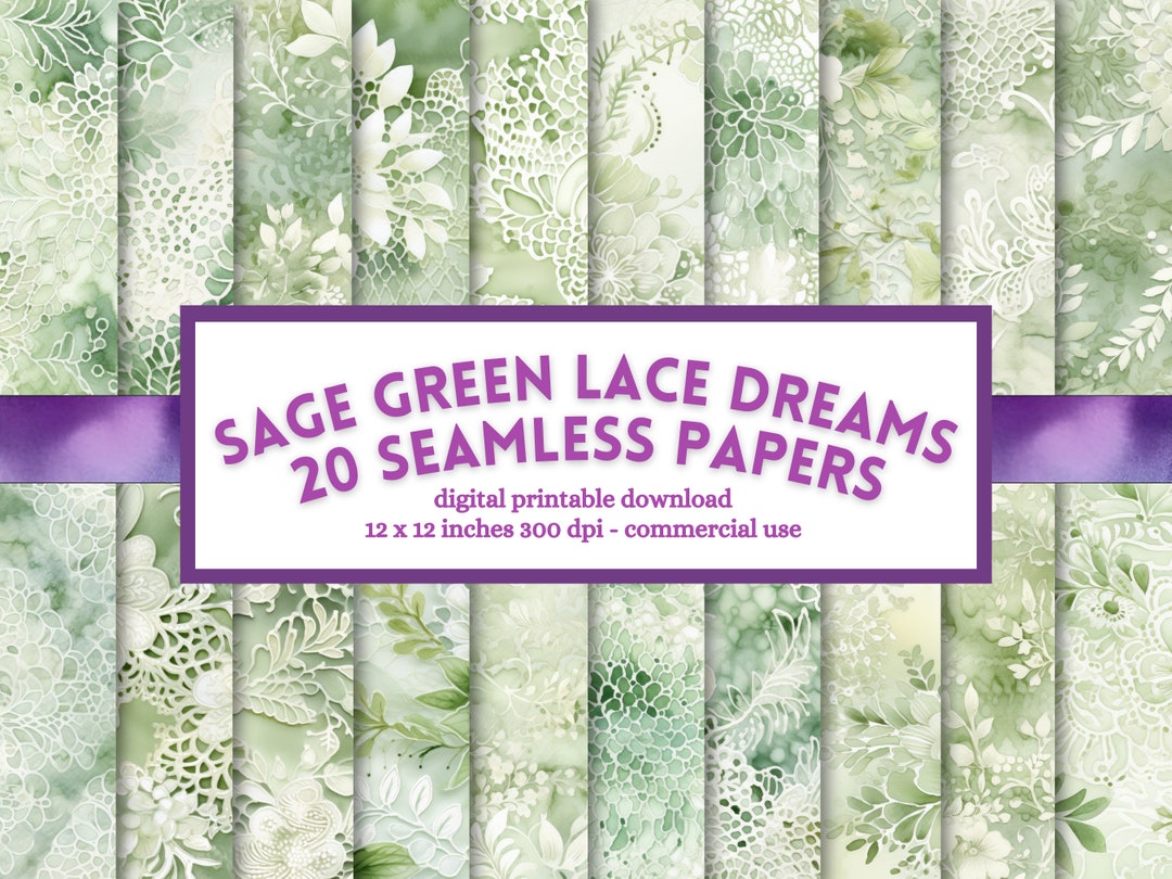 Sage Green Digital Paper, Watercolor Lace, Floral Seamless Pattern ...