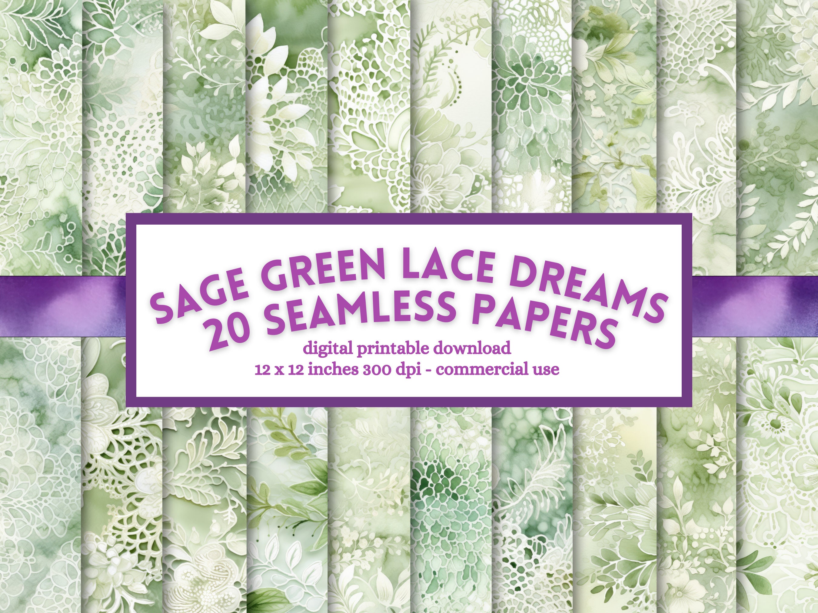Sage Green Digital Paper, Watercolor Lace, Floral Seamless Pattern ...