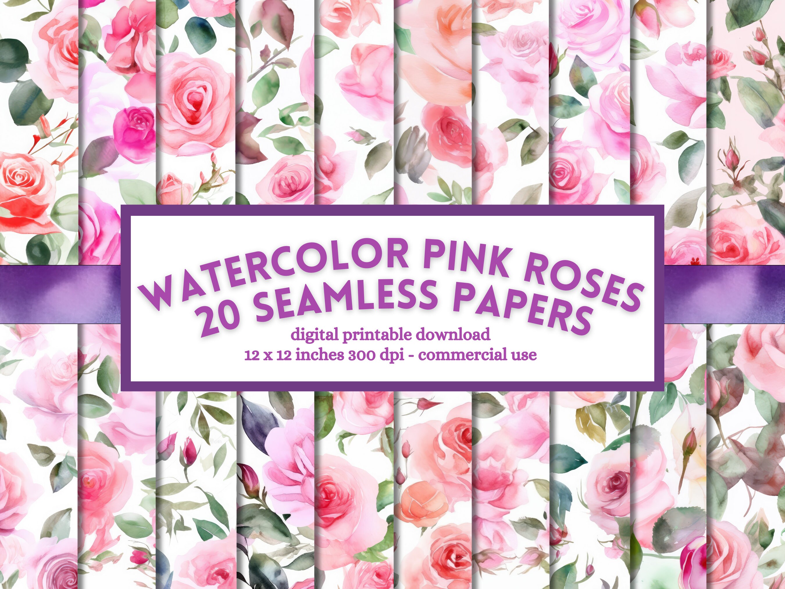 Pink Roses Digital Paper, Seamless Flower Pattern, Printable Junk ...