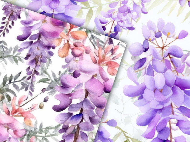 Wisteria Digital Paper, Watercolor Flowers, Seamless Floral Pattern ...