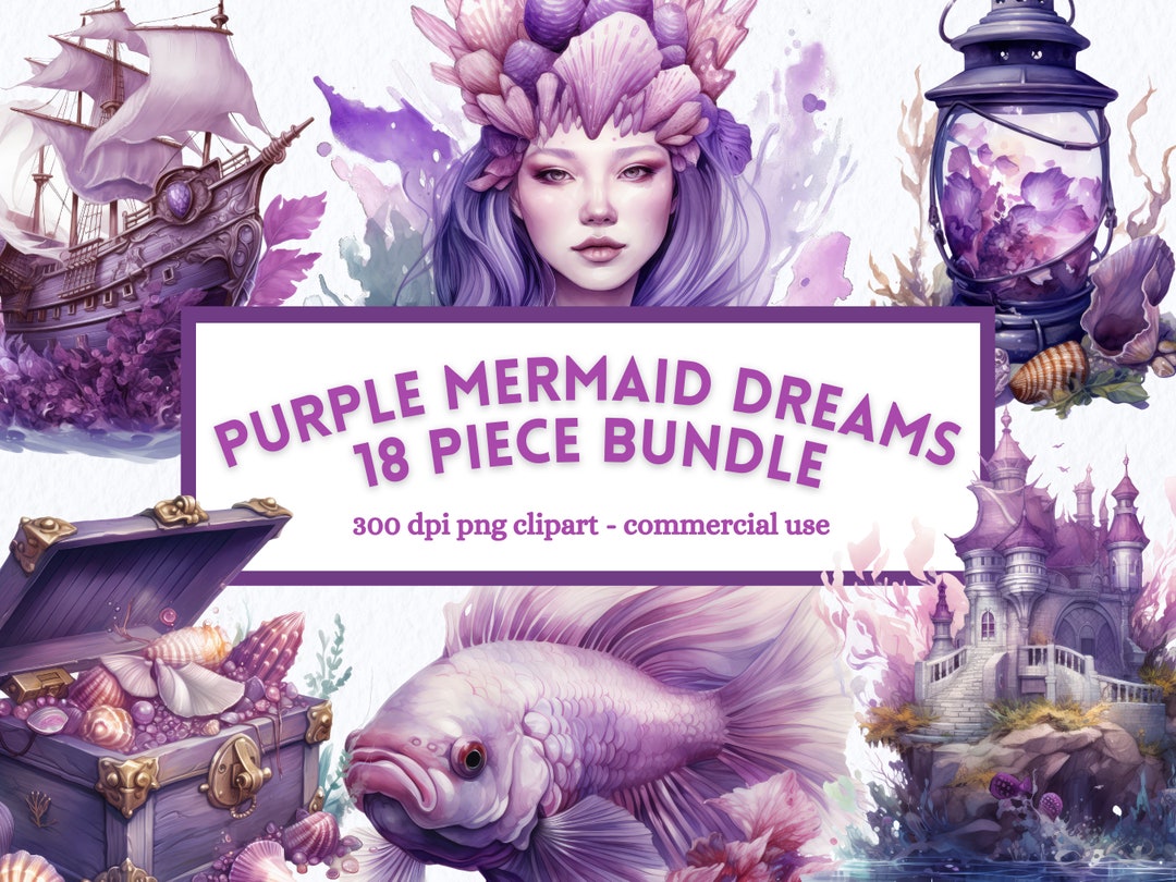 Watercolor Purple Mermaid Clipart Bundle, Fantasy Art, Junk Journal PNG ...