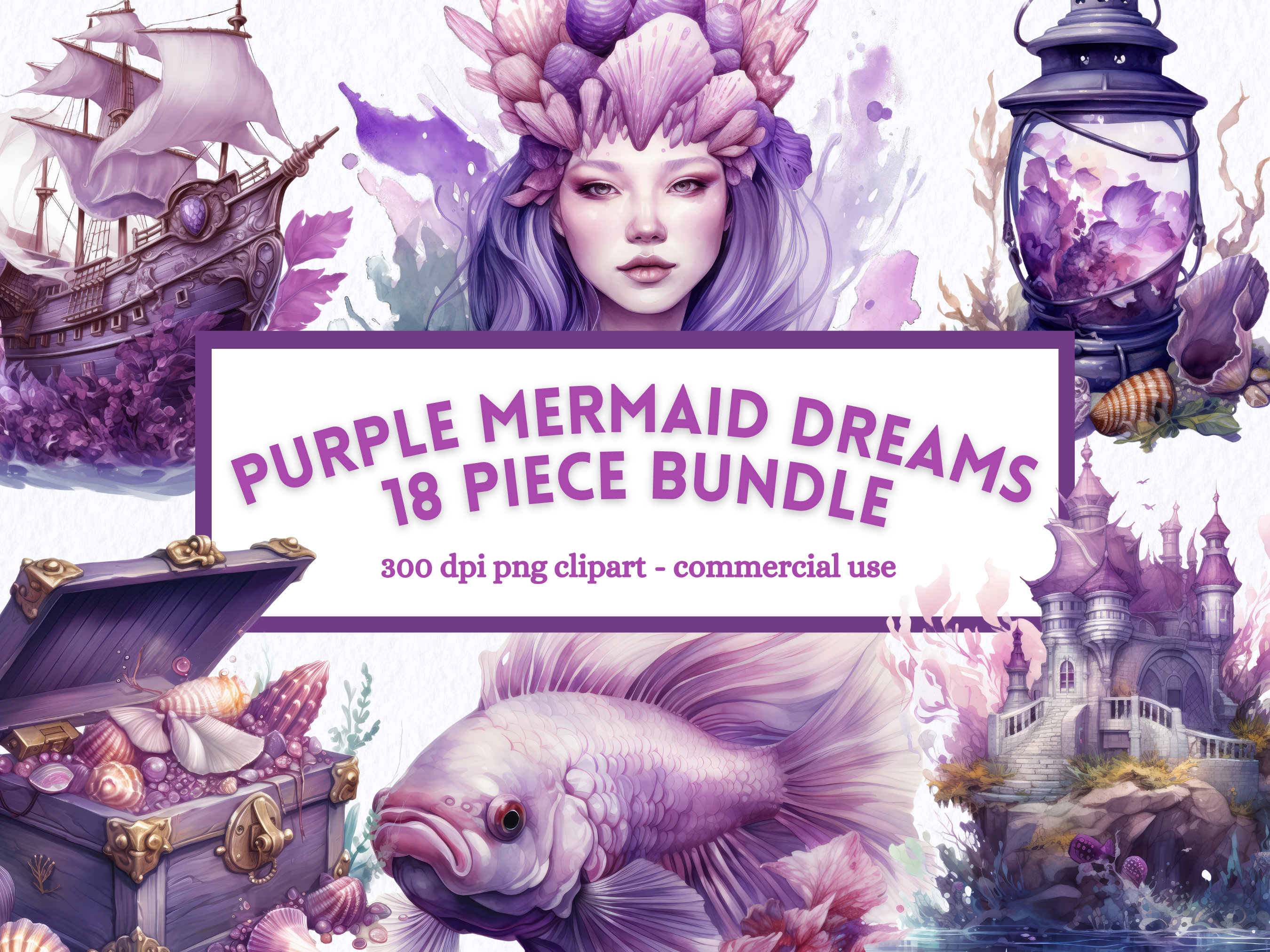 Watercolor Purple Mermaid Clipart Bundle Fantasy Art Junk - Etsy