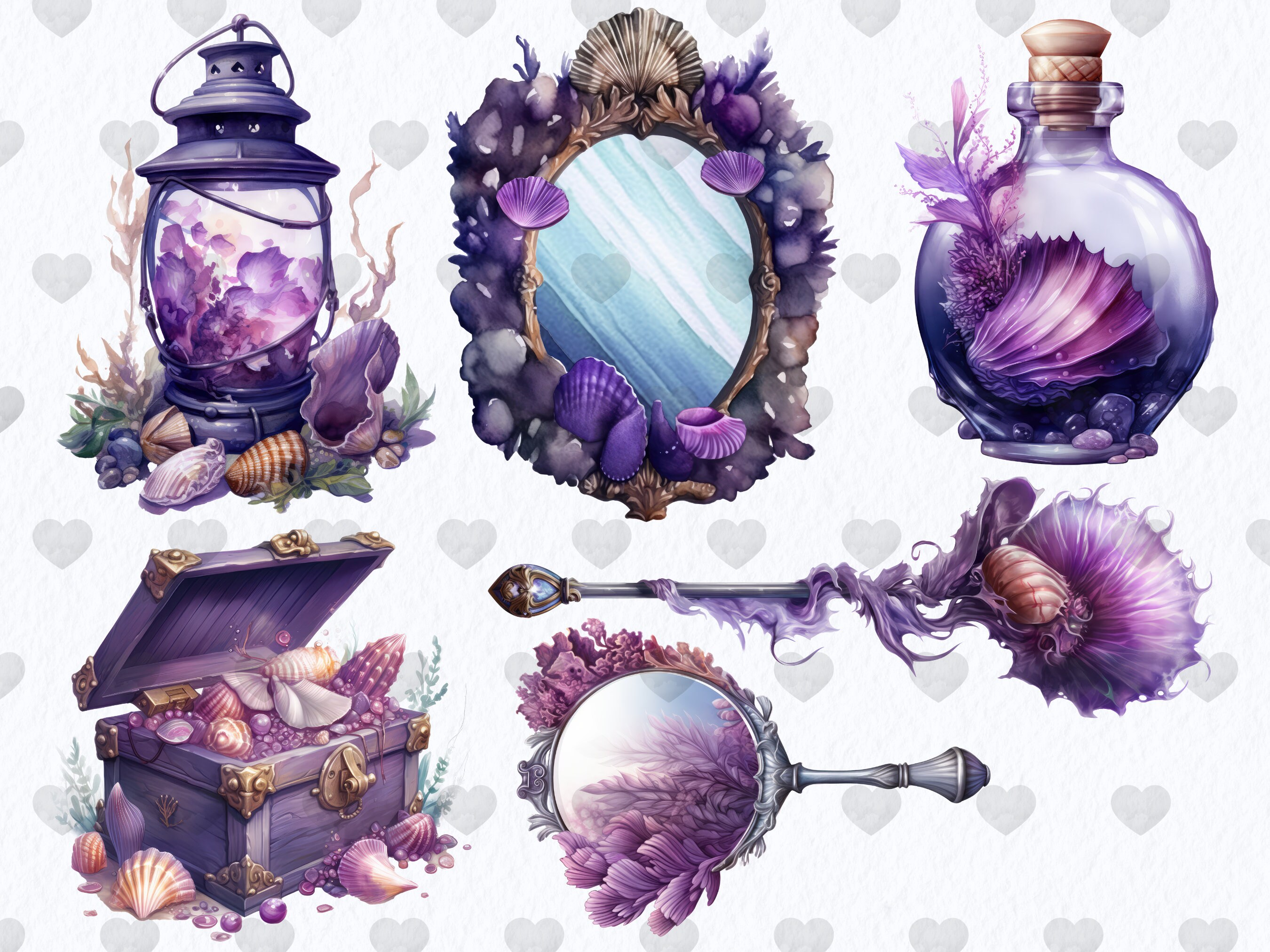 Watercolor Purple Mermaid Clipart Bundle, Fantasy Art, Junk Journal PNG ...