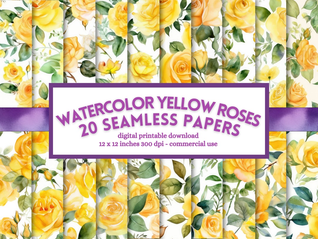 Watercolor Yellow Roses Digital Paper: Seamless Scrapbook Pattern ...