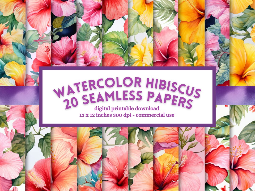 Watercolor Hibiscus Digital Paper, Seamless Hawaiian Flower Pattern ...