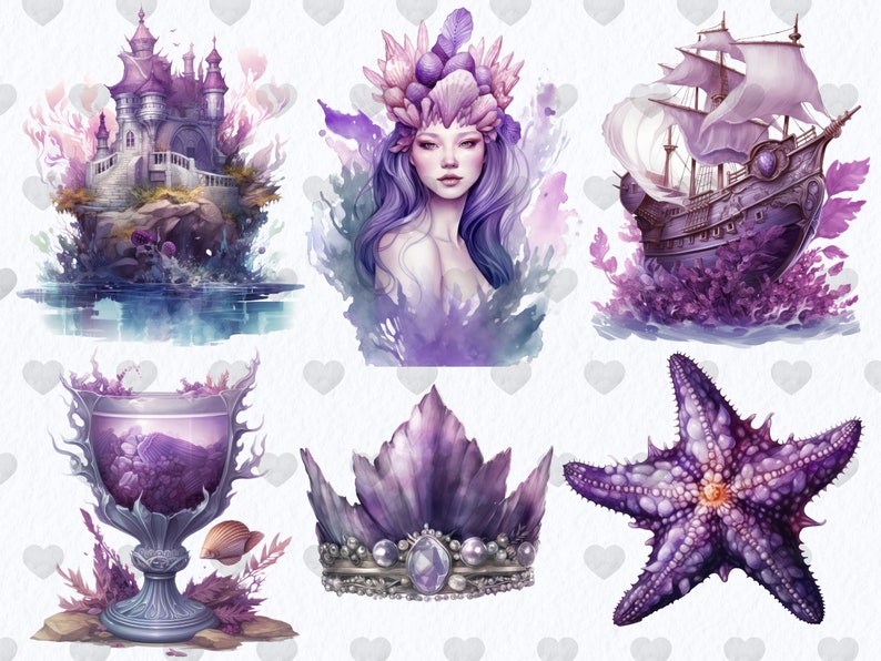 Watercolor Purple Mermaid Clipart Bundle, Fantasy Art, Junk Journal PNG ...