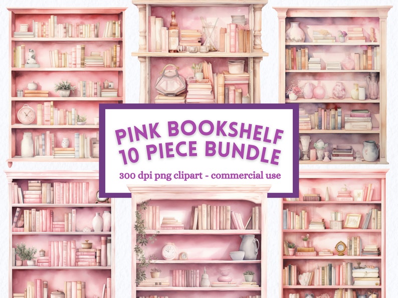 Watercolor Pink Bookshelf Clipart Bundle: Scrapbook PNG (digital ...